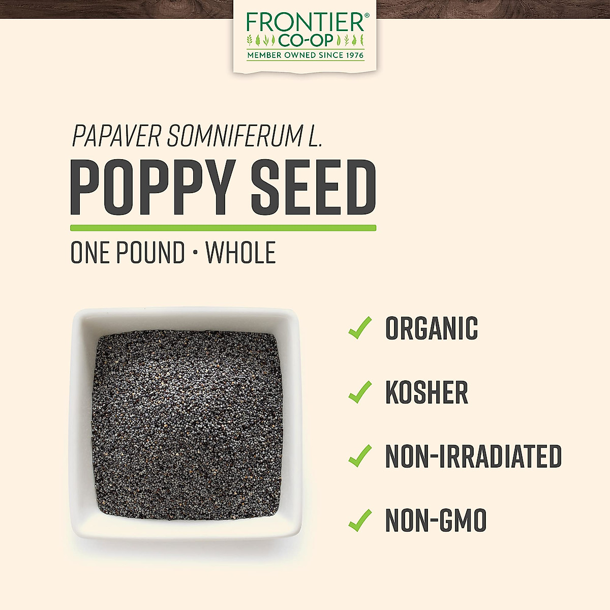 Frontier Co-op Organic Whole Poppy Seed 1lb - Bulk Bag of Poppy Seeds for Baking, Salad Dressing, Cooking, Kosher Recipes and More