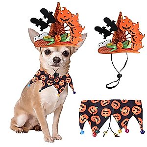 XGDMEIL Dog Costumes, Small Dog Halloween Costumes Funny,Dog Halloween Pumpkin Hat and Dog Halloween Costumes Bandana Collar Set, Dog Halloween Party Decoration for Small Medium Large Breeds Dogs Cats Pet Accessories Clothes
