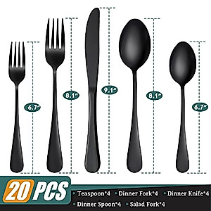 20 Piece Black Silverware Set Service for 4, Stainless Steel Flatware Utensils Set, Black Cutlery Set Knives Spoons and Forks Set, Mirror Polished, Dishwasher Safe