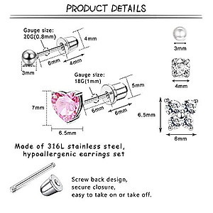 Udalyn 6 Pairs Hypoallergenic Screwback Earrings Tiny Pearl Ball Heart Butterfly Flower CZ Stud Earrings Set Stainless Steel Stud Earrings for Women 18G-20G