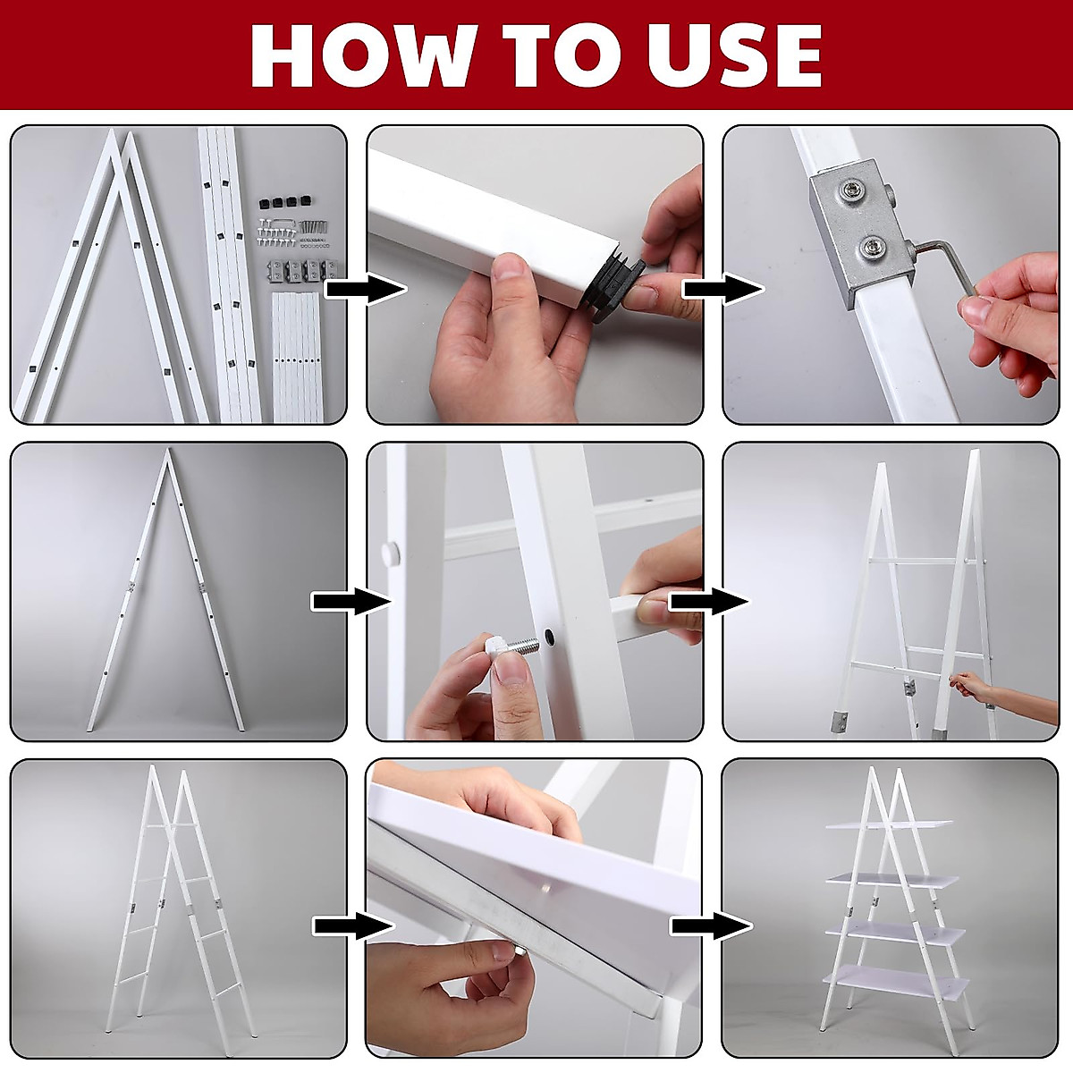 Quzzil Christmas Village Display Shelves 4 Tier Ladder Bookshelf A Shaped Bookcase with Artificial Snow Blanket Tall Wooden Ladder Shelf Storage Organizer for Living Room Home Office (White)