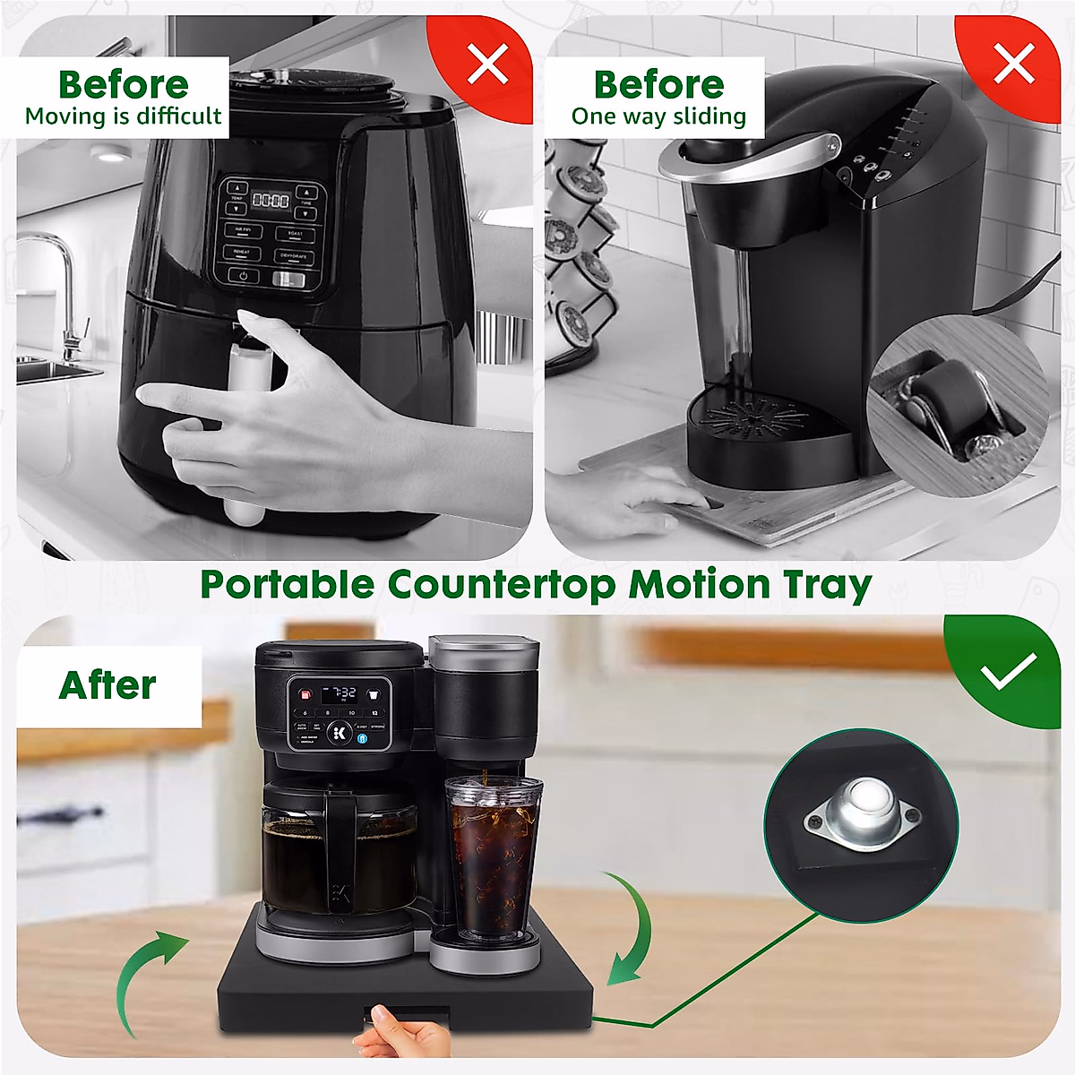 Sliding Tray for Coffee Maker - Appliance Slider 360° Rolling Tray With Wheels & Brake for Kitchen Countertop, Sliding Pull Out Mat for Ninja Air Fryer Coffee Pot Under the Cabinet (14"W ×17"D) Black