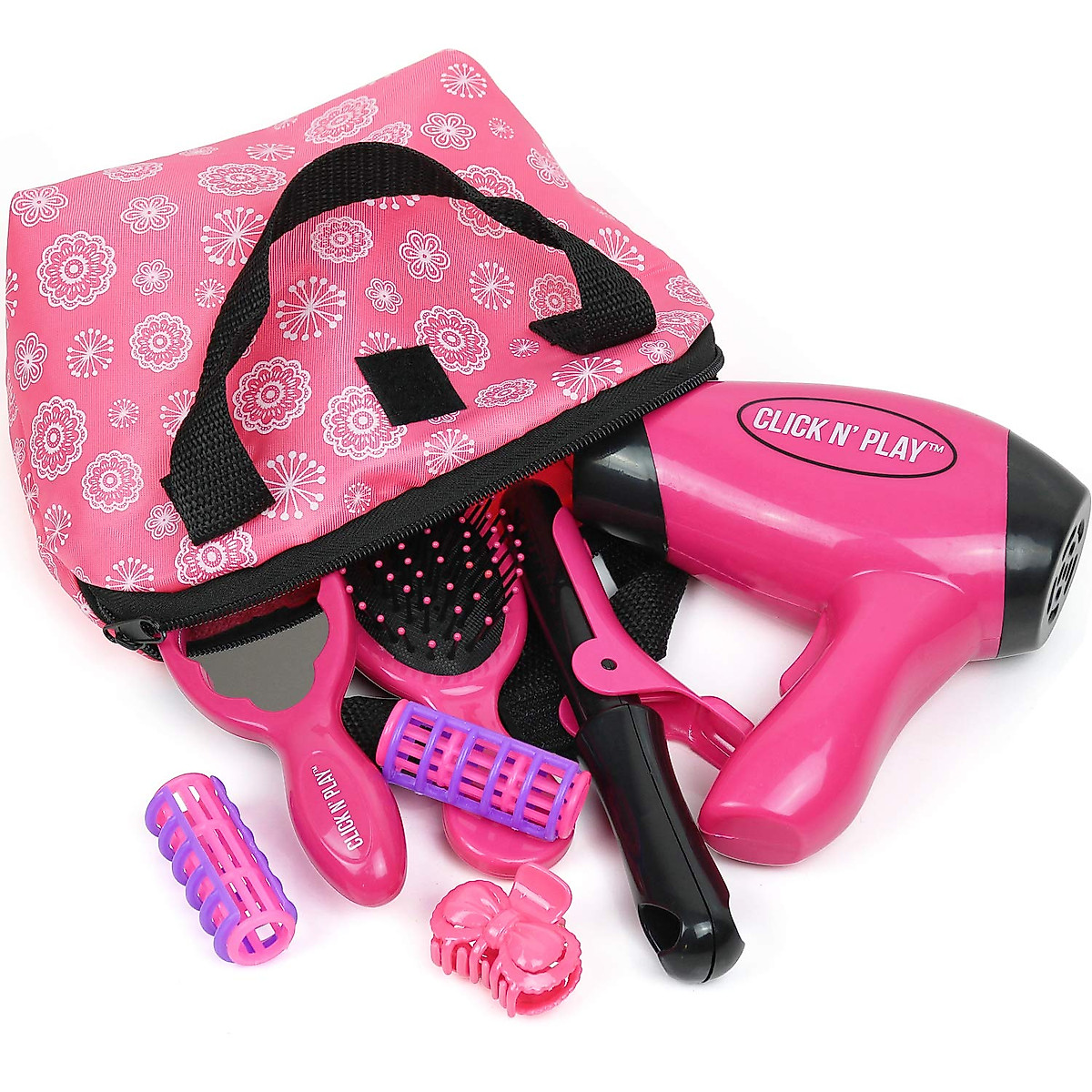 Click N' Play Set of 8 Kids Pretend Play Beauty Salon Fashion Play Set with Hairdryer, Curling Iron, Mirror & Hair Styling Accessories with a Beauty Tote Bag - Hair Salon Toys for Girls