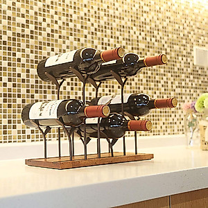 ALLCENER Countertop Bottle Rack, Tabletop Wood Bottle Holder, Hold 6 Bottles, Perfect for Home Decor & Kitchen Storage Rack, Bar, Cellar, Cabinet, Pantry, etc, Wood & Metal (Bronze)