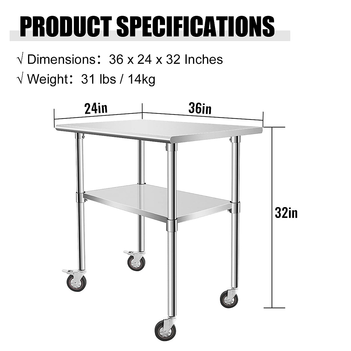 KODOM Food Prep Stainless Steel Table 36'' x 24'', Heavy Duty Workbench with Adjustable Under Shelf, Commercial Worktable with 4 Casters for Commerical Kitchen, Restaurant, Home and Hotel, Silver