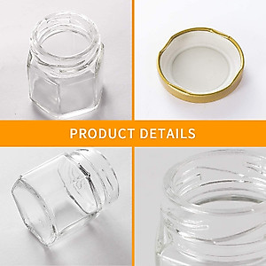 XING-RUIYANG 60 PACK 1.5 oz Mini Glass Honey Jar, Small Hexagonal Honey Jars with Wooden Dipper Gold Lid Bee Charms Gold Gift Bags and Rope for Baby Shower Wedding Party Favors