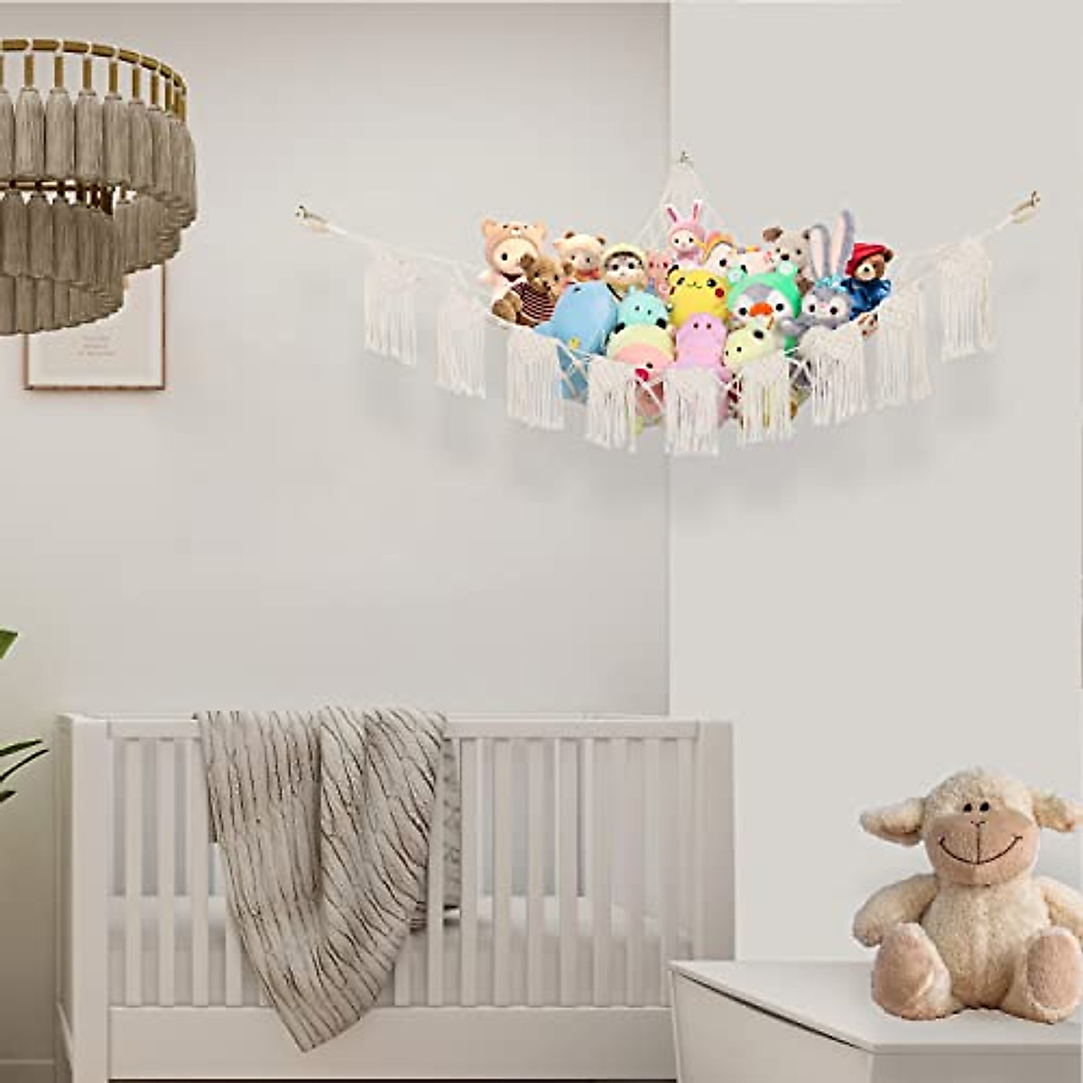 Zeesa Stuffed Animal Net or Hammock, Boho Hanging Net Storage with Macrame, Corner Toy Net Holder for Plush Toys Display, Beige