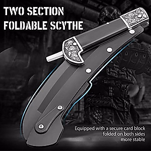 VALHALLA Folding Sickle, Black Sharp Blade with Two Section Foldable Scythe, Wooden Handle Folding Scythe, Folding Sickle Knife, Sheath for easy carrying