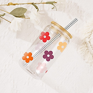 Coolife Retro Daisy Glass Cup - 16 oz Drinking Glass Cups w/Bamboo Lids Straws, Iced Coffee Cup, Cute Glass Tumbler for Coffee Smoothie Beer, Unique Mothers Day Birthday Gifts for Women Her