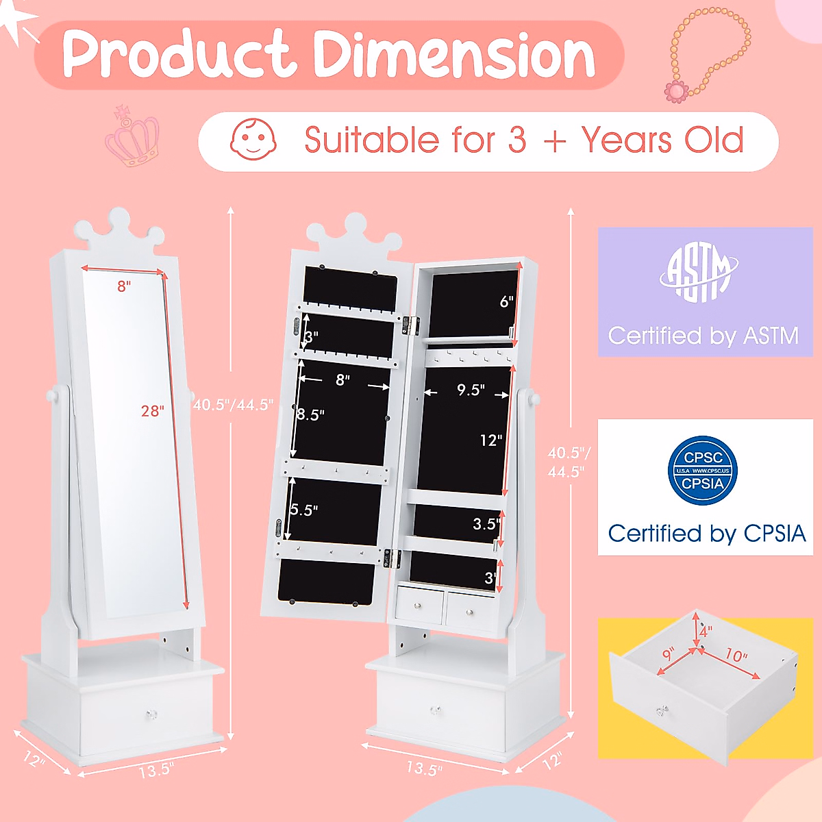 Costzon Kids Jewelry Armoire Cabinet, 45” Standing Jewelry Organizer with Full-Length Mirror, 3 Storage Drawers, Kids Vanity Dress Up Mirror Jewelry Cabinet for Girls (White)