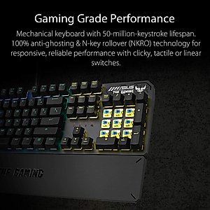 ASUS Mechanical PC Gaming Keyboard for PC - TUF K3 | Programmable Onboard Memory | Dedicated Media Controls, Aura Sync RGB Lighting | Detachable Magnetic Wrist Rest | Highly Durable | Black (Renewed)