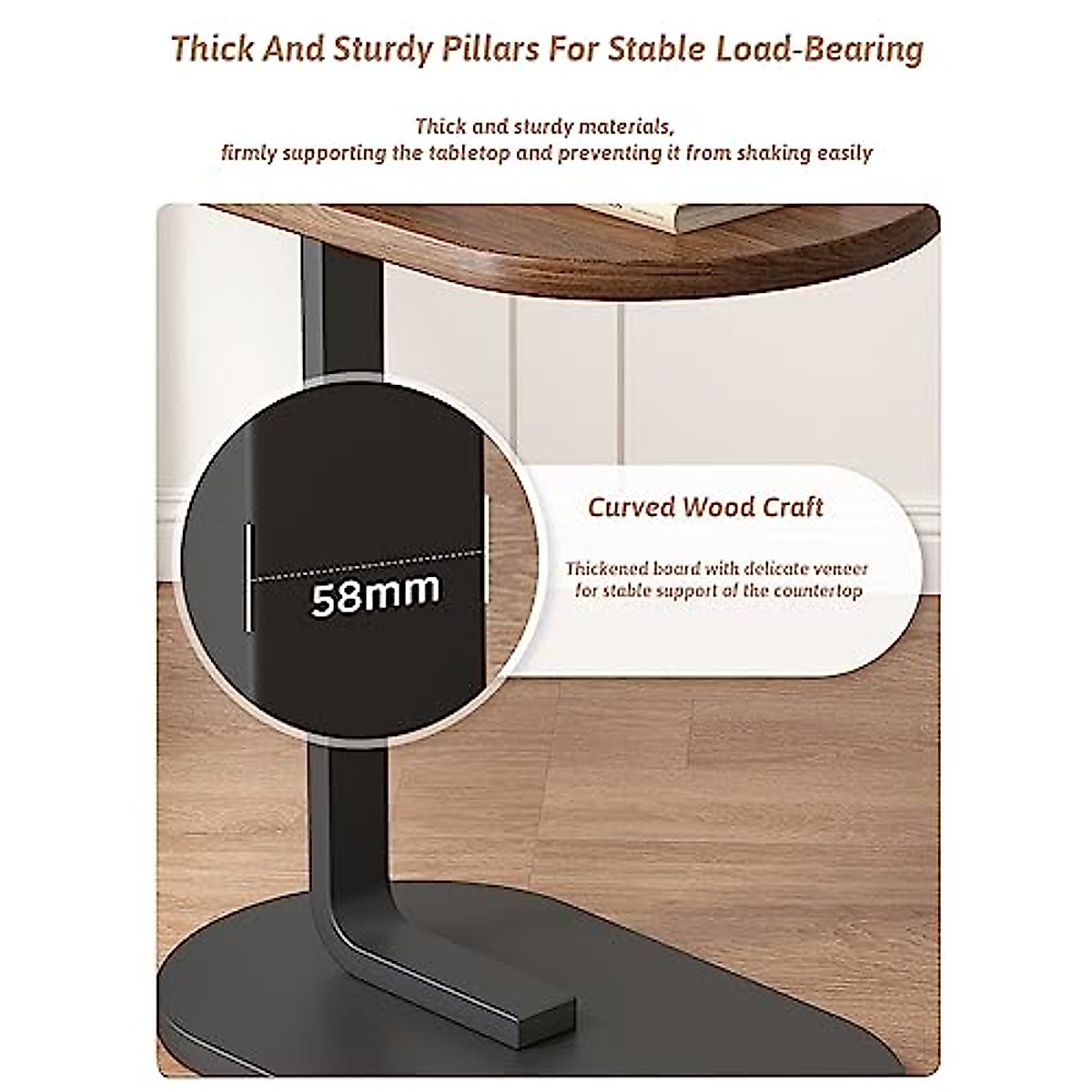 Sofa and Bed Side Table, C Shaped End table Small Coffee Table for Small Spaces, Small Side Table Bedroom Bedside Table, Living Room Wood Couch Tables that Slide Under, 18”L x 12”W (brown+black)