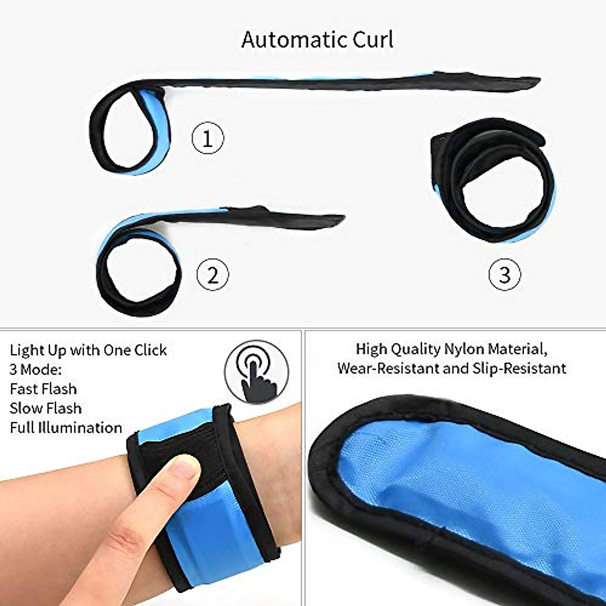 LOBKIN 6 Pack Safety Bracelets, LED Slap Armband Kids Walking at Night Safe LED Light Wrist Light Reflective Belt, Magic Band Running Lights for Runners (A)