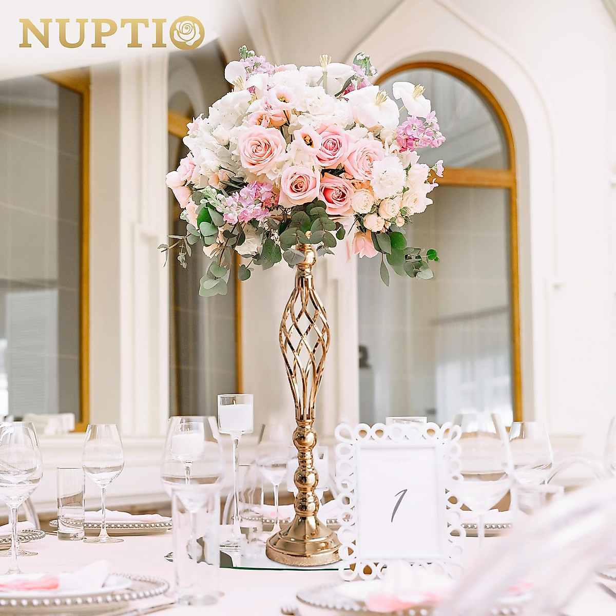 Versatile Metal Flower Arrangement Stand & Pillar Candles Holder Set for Wedding Party Dinner Centerpiece Event Restaurant Hotel Decoration (2 x L, Gold)