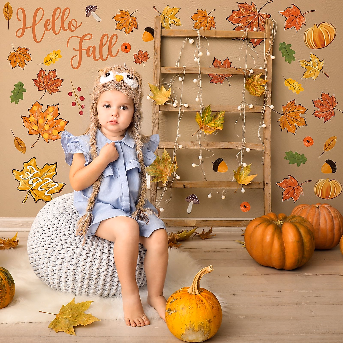 JarThenaAMCS 9 Sheet Thanksgiving Wall Stickers Fall Adhesive Oil Painting Maple Leaf Pumpkin Acorn Wall Decals Removable Mural Wall Decor for Home Classroom Autumn Supplies