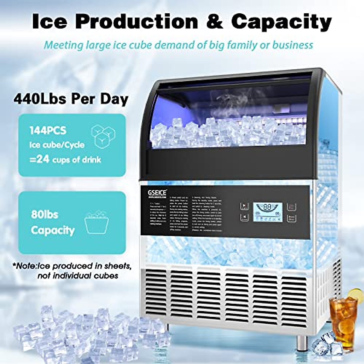 GSEICE Commercial Ice Maker Machine,440lbs/24H with 80lbs Ice Storage Capacity, 24” Air Cooled Freestanding Ice Machine, Automatic Operation Self Clean Ice Cube Maker for Home Office Bar Restaurant