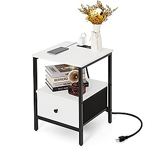 Homajor Nightstand with Charging Station,Side Table with Storage,end Tables Living Room,Bedside Table with Fabric Drawers,End Tables with USB Ports for Bedroom，Small Spaces,White