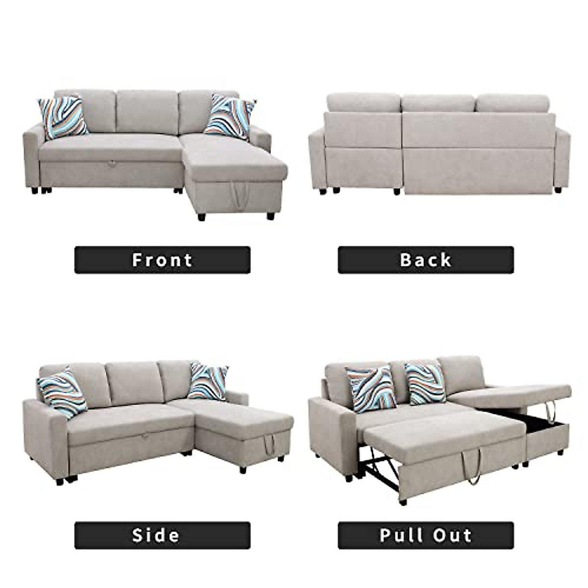 SIENWIEY Sectional Sofa Set, Sleeper Sofa Bed with Storage Chaise for Living Room Modern L-Shape Velvet Pull Out Couch for Small Space(Grey)