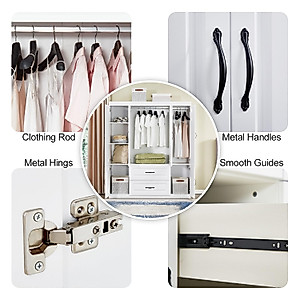 71" H Closet with Doors White Wooden Armoire Wardrobe Closet Freestanding Clothes Storage Closet Bedroom Armoires Wood Wardrobe Storage Closet Cabinet with Hanging Rod Shelf 2 Drawers, 4 Doors White