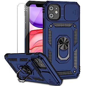 for iPhone 11 Case with Camera Lens Cover HD Screen Protector, Dual Layer [15 FT Military Grade Drop Protection] Magnetic Ring Holder Kickstand Protective Phone Case for iPhone 11 6.1 inch (Navy Blue)