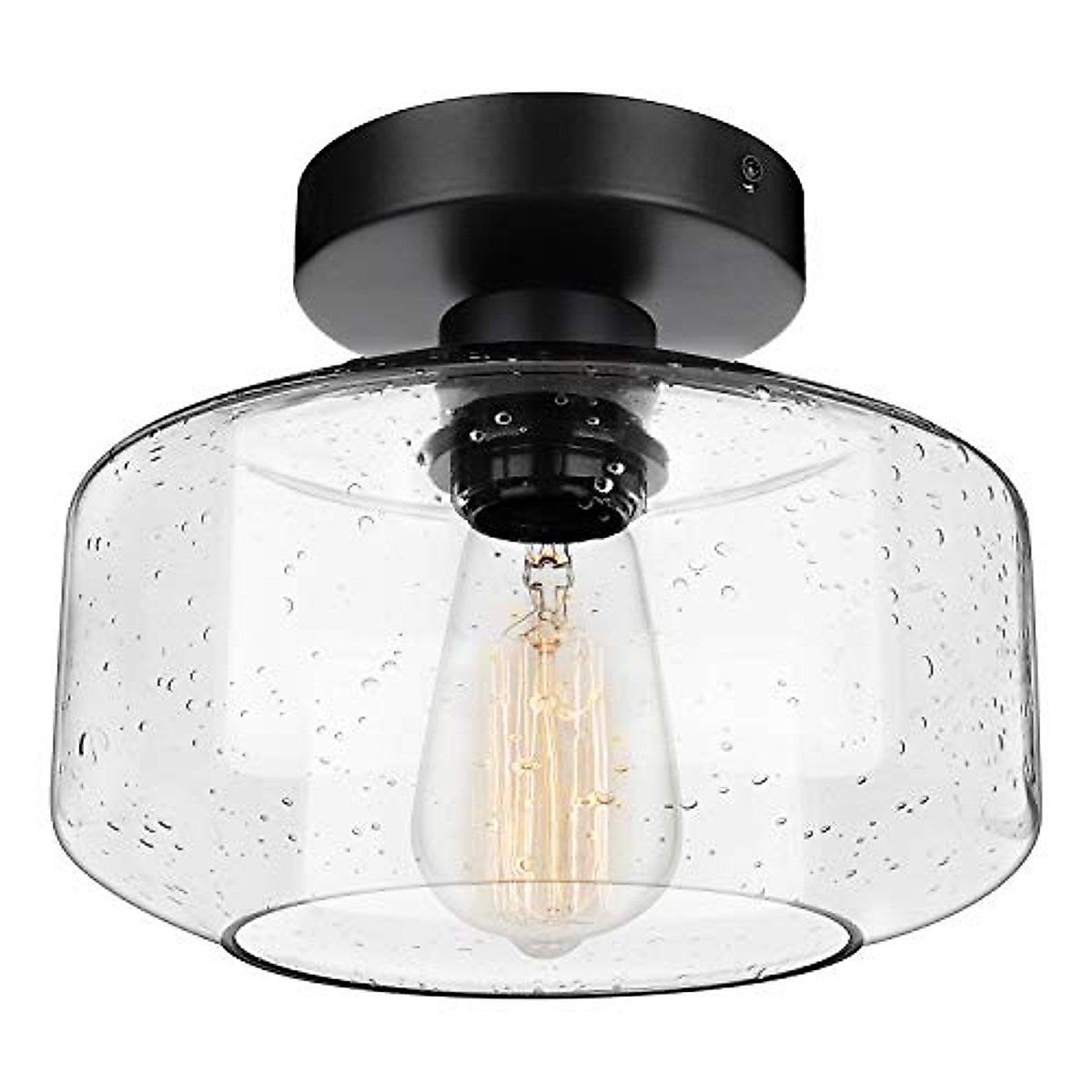 Industrial Semi-Flush Mount Ceiling Light, Seeded Glass Pendant Lamp Shade, Black Farmhouse Lighting for Hallway Porch Corridor Kitchen Bedroom, Modern Indoor Hanging Light Fixtures, Bulb Not Included