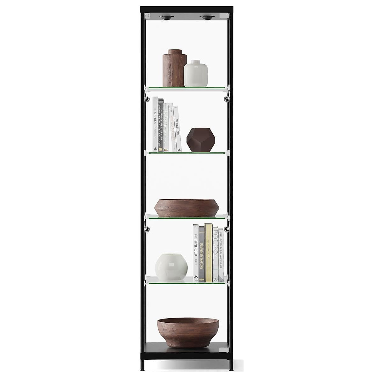 Displays2go Glass Showcase Towers, Tempered Glass Shelves, LED Lighting – Clear, Black (LESC5578BK)
