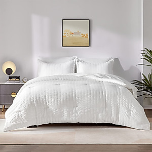 CozyLux Queen Bed in a Bag White Seersucker Comforter Set with Sheets 7-Pieces All Season Bedding Sets with Comforter, Pillow Sham, Flat Sheet, Fitted Sheet and Pillowcase