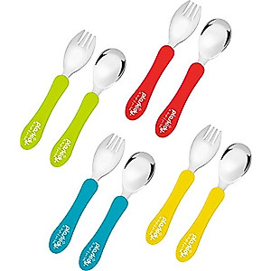 PLASKIDY Toddler Utensils Set of 8 Kids Utensils Forks and Spoons - BPA Free/Dishwasher Safe Toddlers Silverware Stainless Steel with Silicone Handle's Children's Safe Flatware Cutlery Set