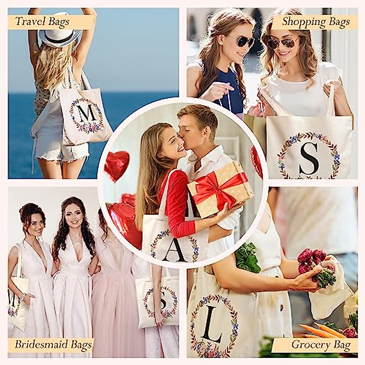 AUNOOL Monogrammed Tote Bag with Makeup Bag, 13oz Canvas Tote Bag for Women Floral Initial Tote Bag Bridal Shower Gifts for Bride To Be Personalized Gifts for Teachers Friends Sister, Letter E