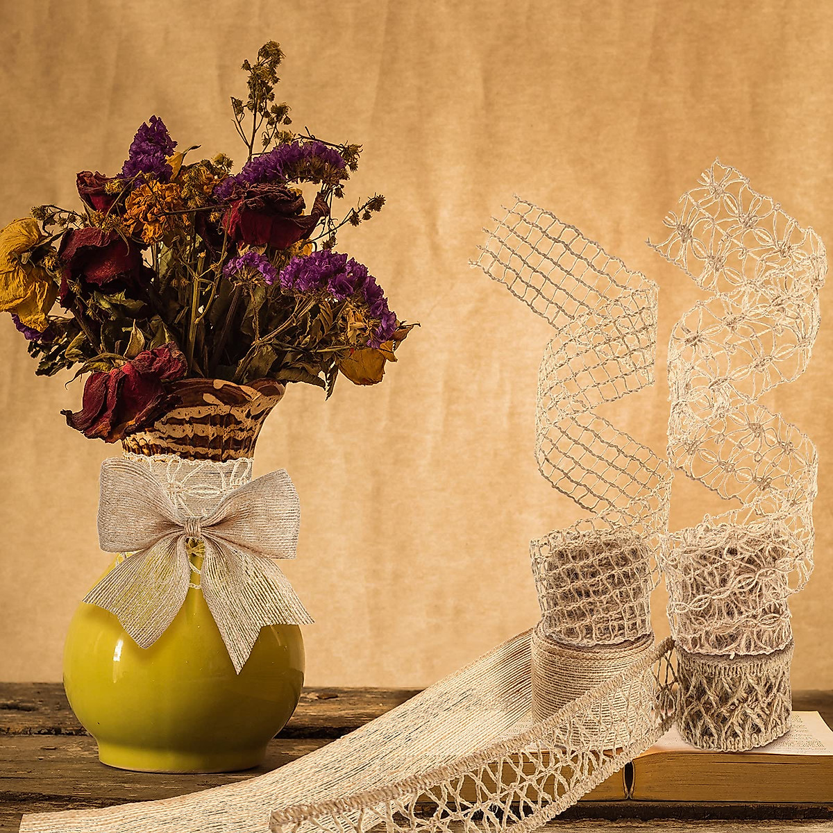 4 Rolls Burlap Ribbon Natural Jute Burlap Lace Mesh Weeding Trim Craft Wrapping Ribbon for Holiday Party DIY Handmade Artist Home Decor Packaging