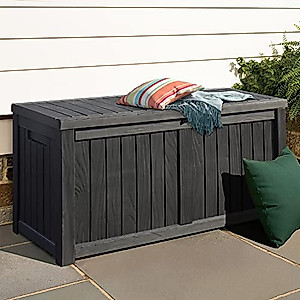 Flamaker Resin Deck Box 120 Gallon Waterproof Large Deck Boxes Plus Outdoor Indoor Storage Box Imitation Wood Resin for Patio Furniture Garden Tools and Pool,Dark Black