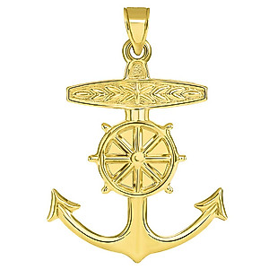 Jewelry America 14k Yellow Gold 3D Ship Anchor and Wheel Nautical Pendant