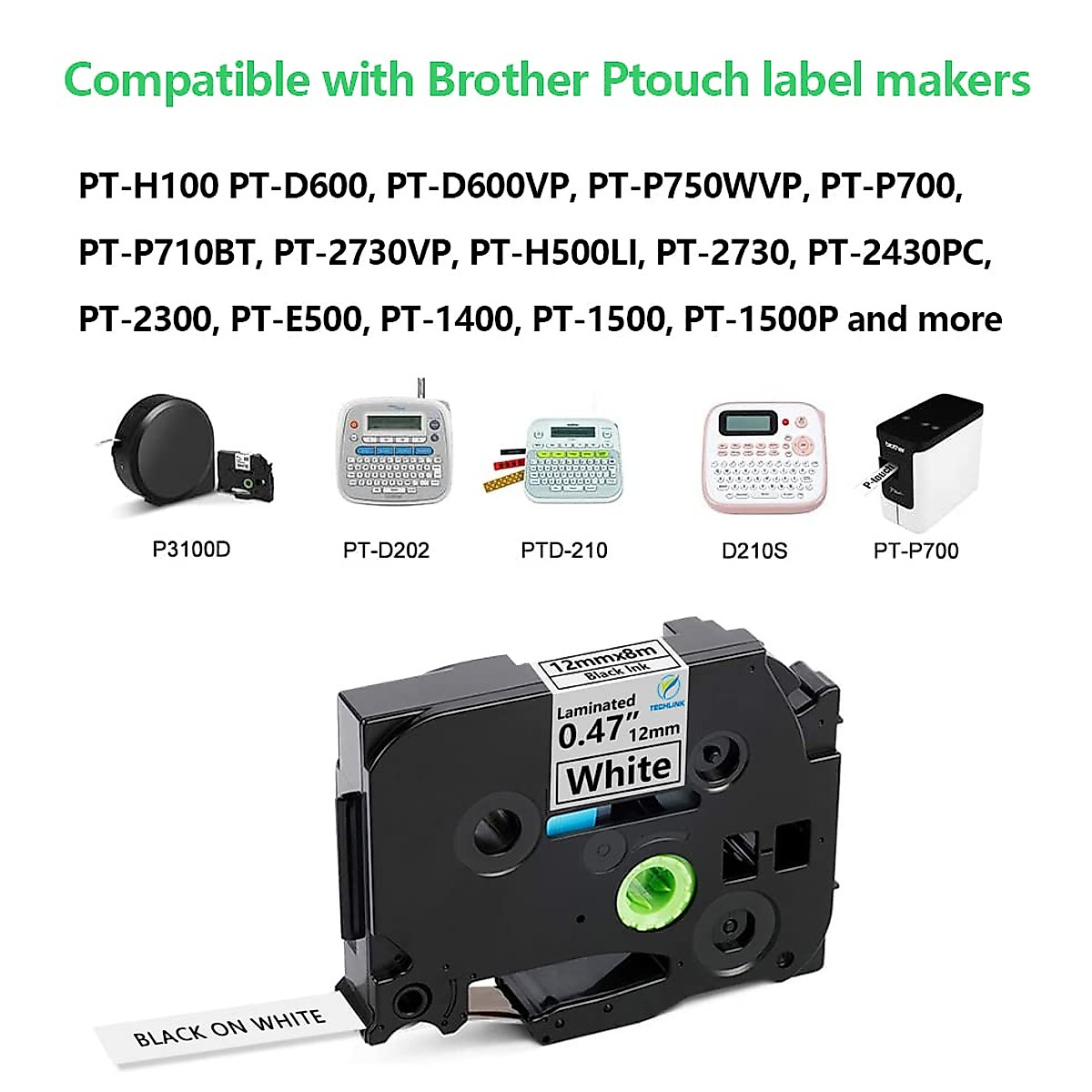 Techlink TZc-231 TZe 131 Compatible with Brother Label Maker Tape Laminated P Touch PT-D210 PT-H110 PT-D220 PTD400 PTD410 Label Tabe Maker 12mm x 8m (6 pcs White/Clear/Yellow/Red/Green/Blue Package)