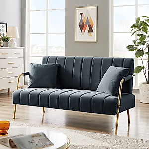 Majnesvon 61" Modern Velvet Loveseat Sofa,Upholstery Love Seat Couches with Tufted Backrest,Golden Metal Legs,Accent Sofa for Living Room Bedroom Apartment Office (Drak Grey)