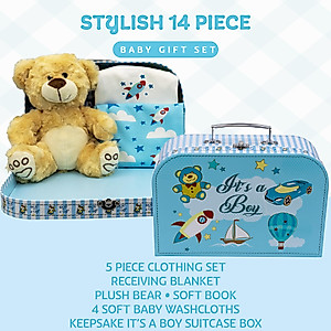 Welcome to The World Baby Boy Suitcase, Baby Layette Set and New Baby Essentials in A Keepsake Suitcase Box, Blue, Medium Baby Boy Gift Set - Nikki’s Gift Baskets