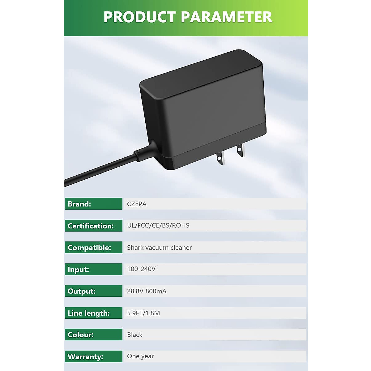 Czepa AC Power Cord Compatible with Cordless Shark Vacuum Charger IR101 ION F80 X40 IR100 IR200 IR141 XBAT200, Replacement Part Namber YLS0243A-T288080 28.8V Vacmop Adapter Charger