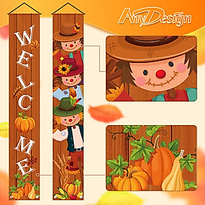 AnyDesign Scarecrow Welcome Hanging Banner Fall Thanksgiving Autumn Harvest Porch Sign Cute Cartoon Scarecrow Front Door Sign for Indoor Outdoor Home Wall Decoration, 12 x 72 Inch