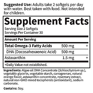 Garden of Life Minami Algae Omega 3 Vegan DHA for Brain and Eye Health - Orange Flavor, 500mg Plant Based DHA Omega-3 Vegan Algae Oil Plus Astaxanthin, No Aftertaste, 60 Easy-to-Swallow Mini Softgels