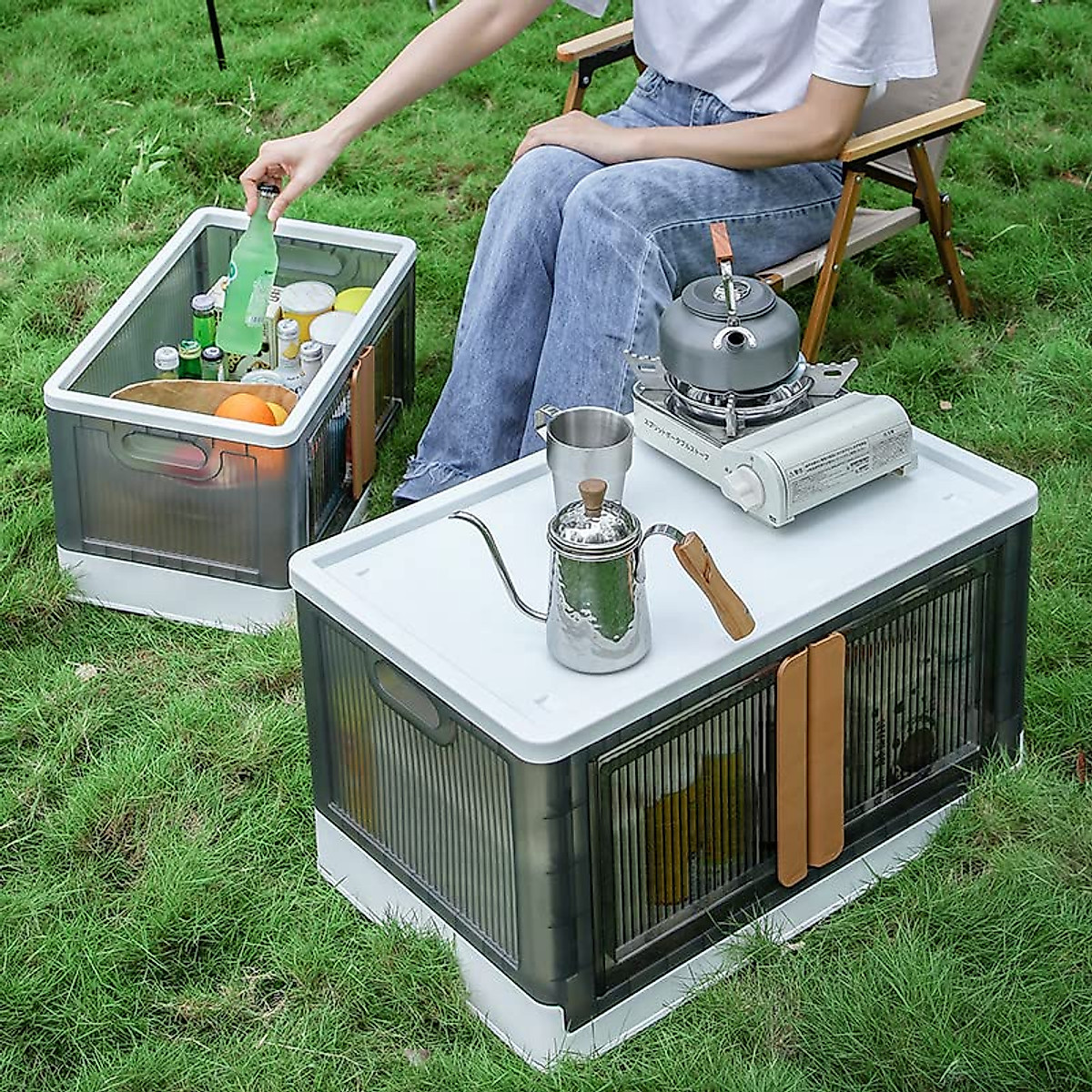 Golbsart Collapsible Storage Bins with Lids, 34 Qt (Pack of 2) Plasic Storage Boxes with Lids,Stackable Totes for Storage with Double Doors & Secure Buckle