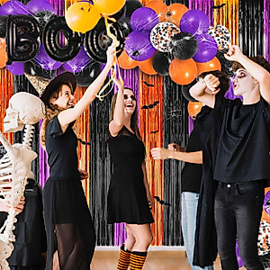 algpty 3 Pack Halloween Foil Curtains Backdrop with 16 Pcs Halloween Bats, 3.3 x 6.6FT Orange Purple Black Metallic Tinsel Foil Fringe Curtains Halloween Party Photo Booth Props Halloween Decor Indoor