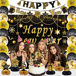 New Year Decorations Kit, Black Bunting and Gold Alphabet Balloons, Cake Topper and Photo Booth Props, Eve Party Decor for Home and School Gatherings, Festive Backdrop for Celebrations