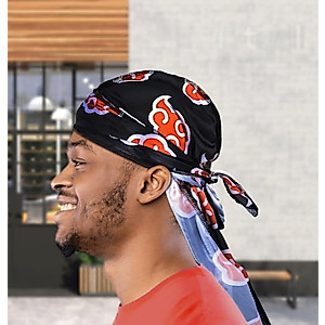 Red Clouds Silky Durag - Black Designer 360 Wave Du Rag with Long Wide Tails and Quadruple Stitching - Smooth Silk Fabric for Comfort Compression (Akat Black)
