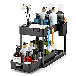 Under Sink Organizers and Storage, 2 Tier Pull Out Cabinet Organizer, Kitchen Cabinet Organizer Bathroom Sink Organizer with Hooks, Cabinet Organizers and Storage for Bathroom, White & Black, 2 Pack