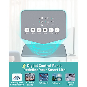 Evaporative Air Cooler, Bladeless Tower Fan & Humidifier with 3 Modes, Portable Swamp Fan with Oscillation, 3 Speeds, 1 Gallon Water Tank, Remote Control, Timer, for Home Indoor