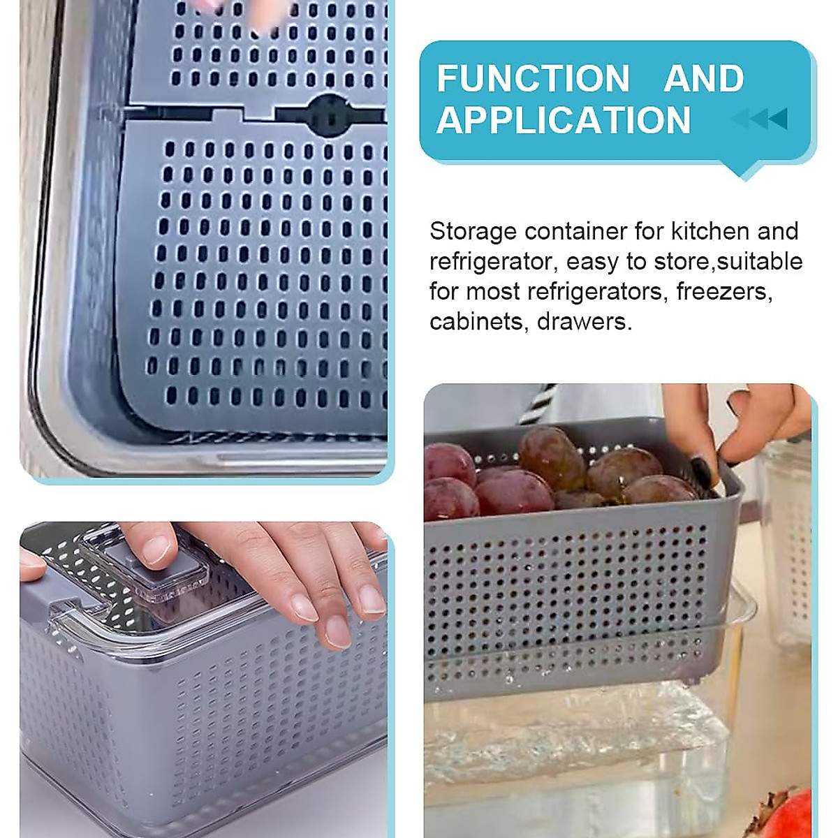 Cabilock Vegetable Fruit Storage Containers, Fresh Draining Basket, Box Refrigerator Crisper Fruit Fresh Containers Dual-Layer Food Storage Bin with Breathable Valve for Fridge, Dark Grey