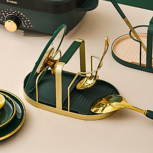 Spoon Rest Lid Holder Pan Pot Cover Stand Rack Shelf Cooking Soup Utensil Rests Organizer for Kitchen Stove Countertop Metal Golden Green
