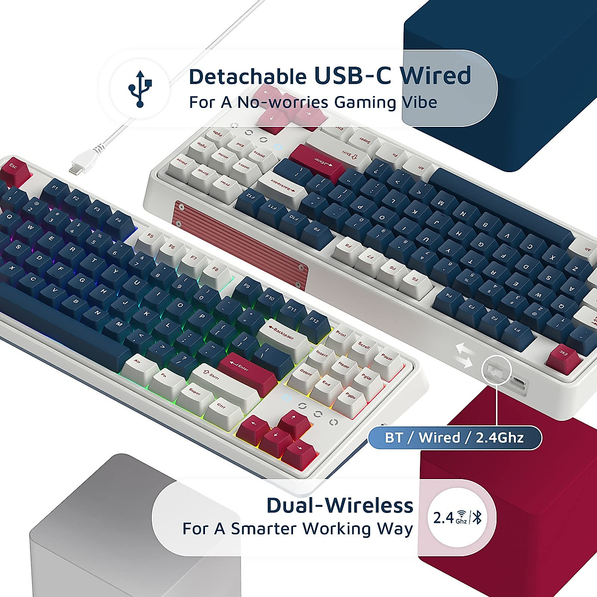 FL CMK87 80% TKL Wireless Mechanical Keyboard, Clear Tactile Kailh Box White, 87 Keys & PBT Keycaps, Rigid Programmable Rechargeable Hot-swap, Marvelous Retro