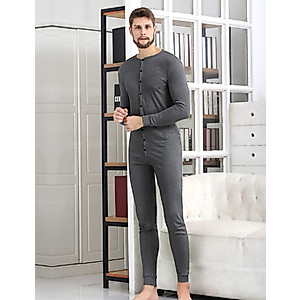 COLORFULLEAF Men's Cotton Thermal Underwear Henley Union Suits Onesies Base Layer (Dark Grey, M)