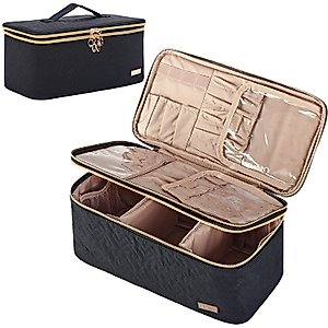 NISHEL Double Layer Makeup Bag Large Travel Cosmetic Case, Makeup Organizer for Lots of Brushes, Portable Toiletry Bag for Women and Girls, Black