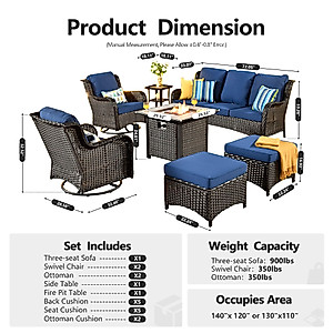 HOOOWOOO Patio Furniture Set,7 Piece Outdoor Furniture Set with Fire Pit Table,Wicker Patio Conversation Couch Swivel Chairs Ottoman Set,Navy Blue